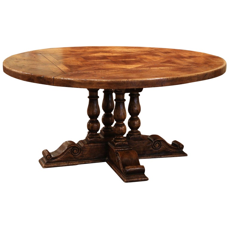 Midcentury French Carved Walnut Pedestal Round Dining Table with ...