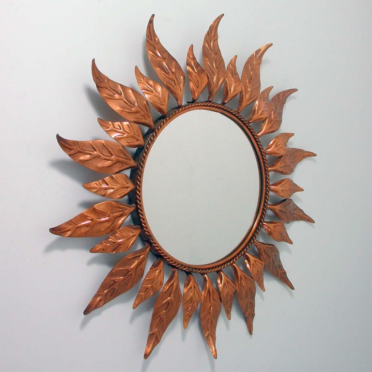 Midcentury French Copper Sunburst Wall Mirror, 1950s at 1stDibs