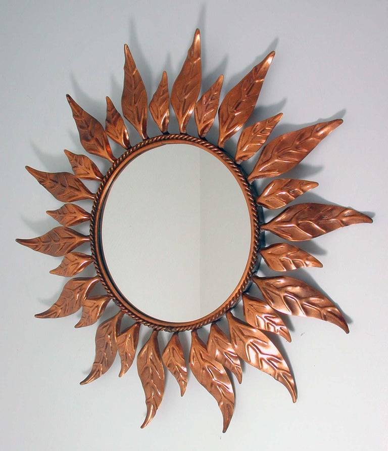 Midcentury French Copper Sunburst Wall Mirror, 1950s at 1stDibs
