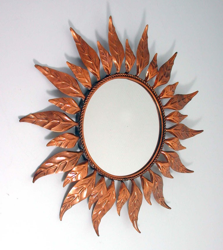 Midcentury French Copper Sunburst Wall Mirror, 1950s at 1stDibs