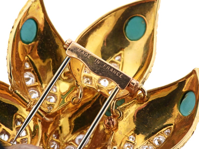Midcentury French Diamond Turquoise Gold Brooch Pin at 1stDibs