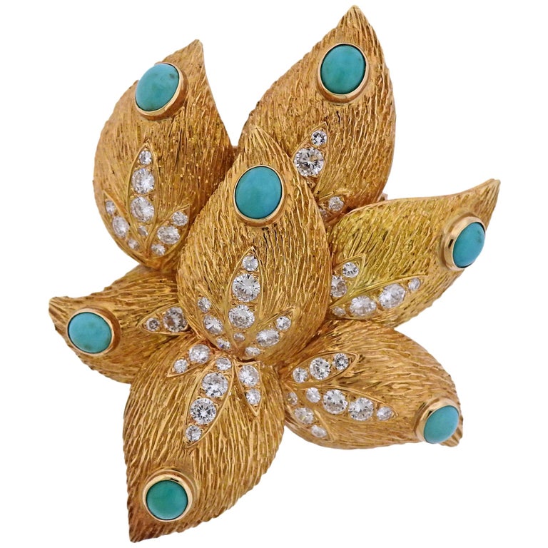 Midcentury French Diamond Turquoise Gold Brooch Pin at 1stDibs
