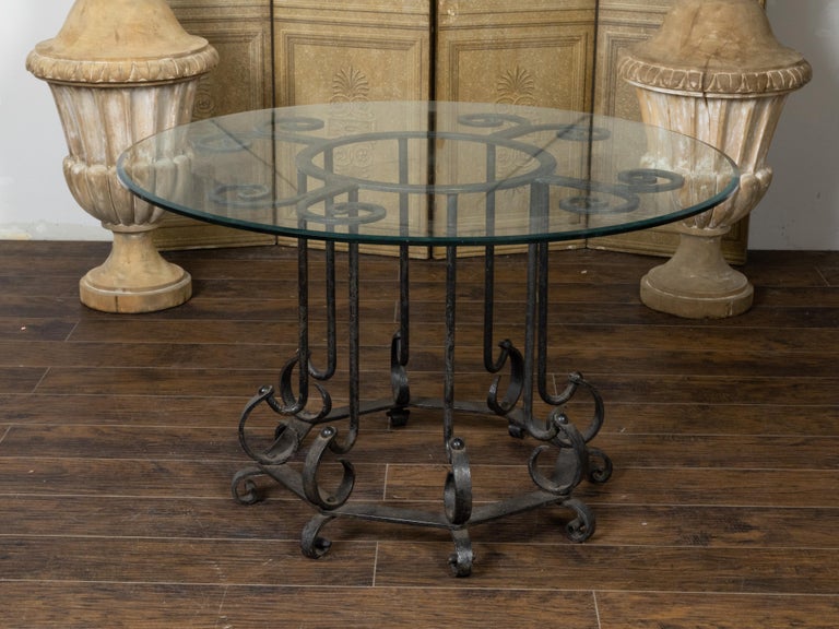 Midcentury French Iron Center Table with Glass Top and Scrolling Motifs ...