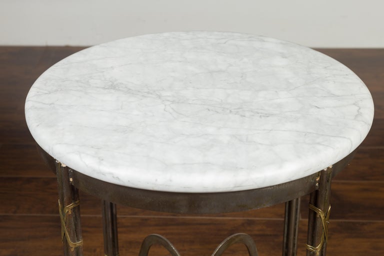 Midcentury French Polished Steel Side Table with Round White Marble Top ...