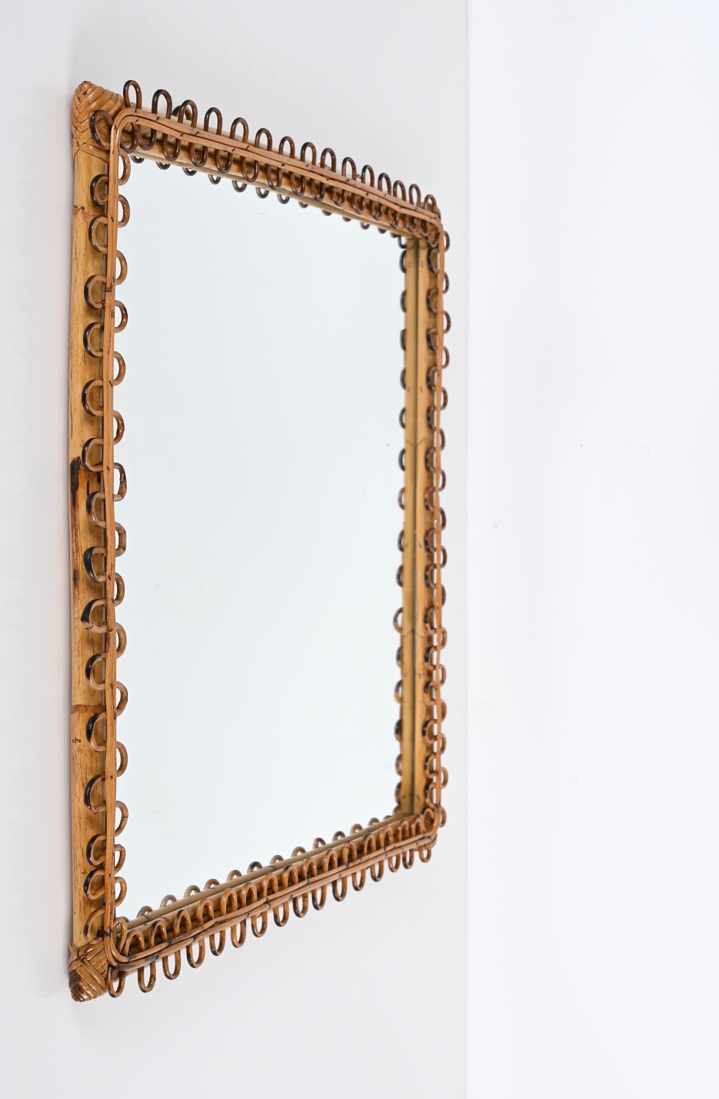 Midcentury French Riviera Bamboo and Rattan Frame Squared Wall Mirror, 1960s For Sale at 1stDibs