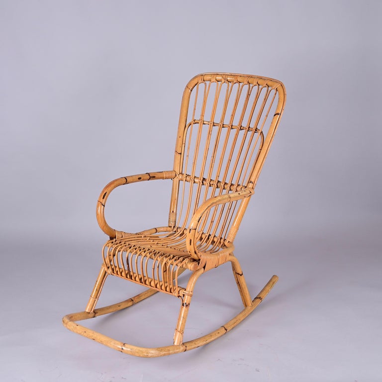 Mid-Century French Riviera Curved Rattan and Bamboo Italian Rocking ...