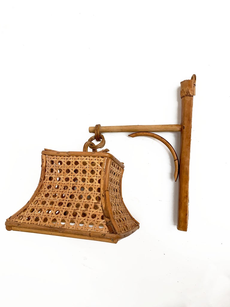 Midcentury French Riviera Geometric Rattan and Wicker Italian Sconce ...