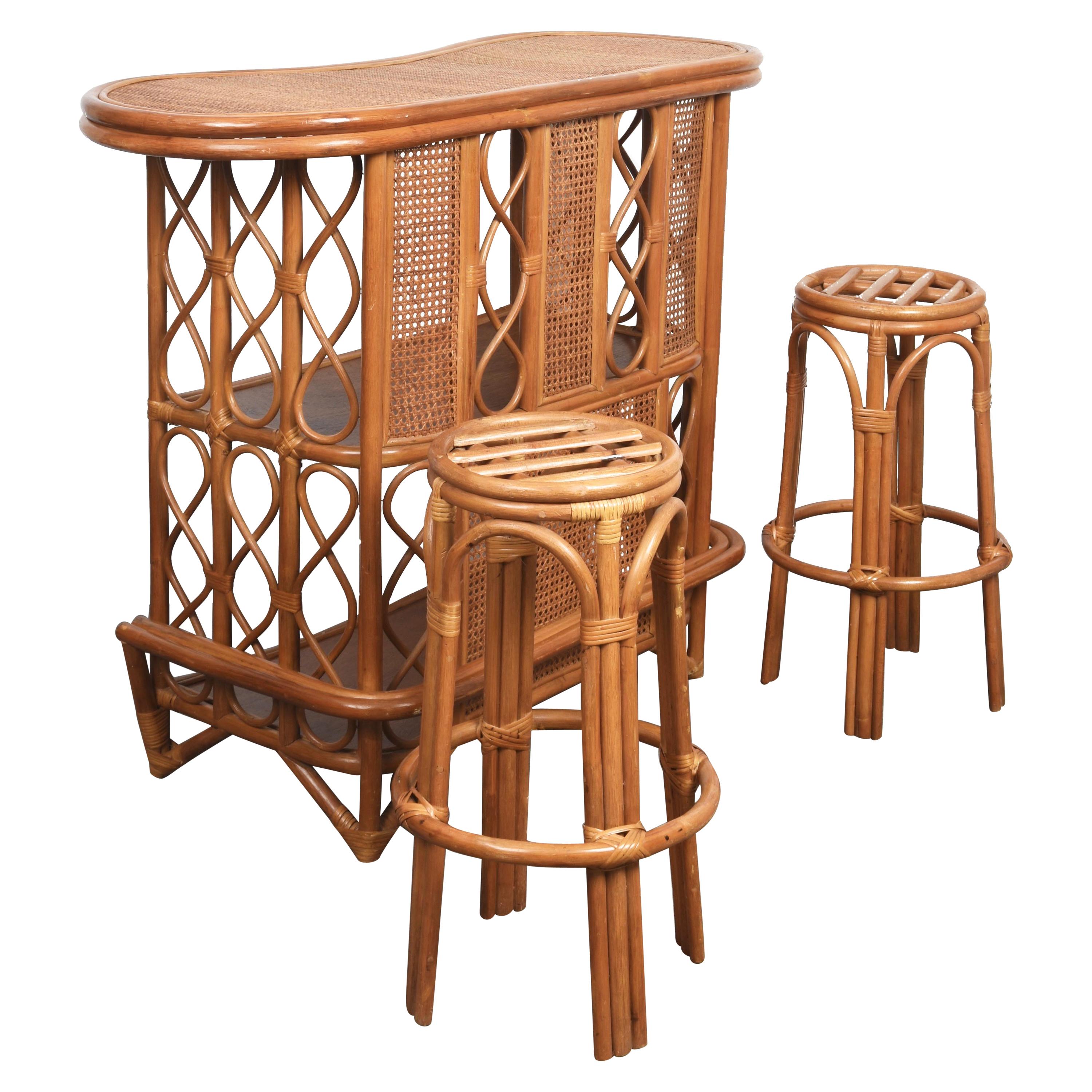 Rattan Bar of Solid Mahogany, Bamboo Facing, Paul Frankl Style at 1stDibs