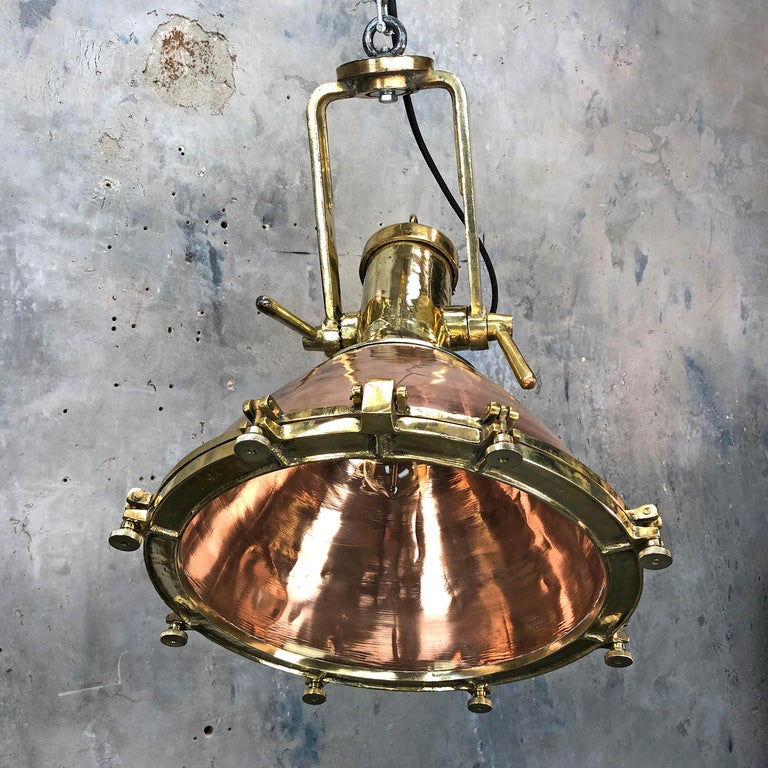 Midcentury German Copper, Brass and Glass Industrial Marine Pendant ...