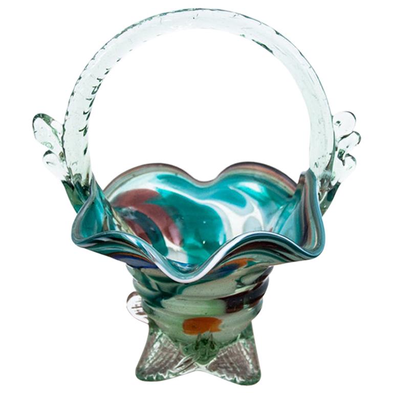 Midcentury French Cut Glass Crystal Candy Basket with Handle at 1stDibs