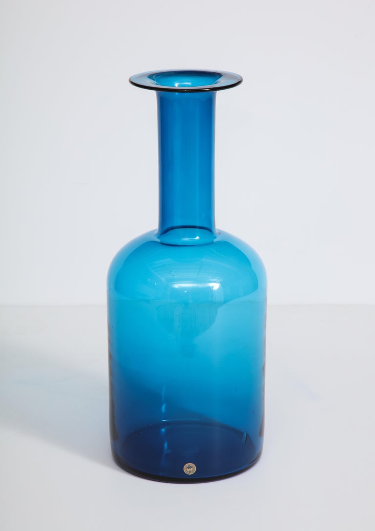 Midcentury Blue Glass Bottle by Holmegaard, Denmark at 1stDibs