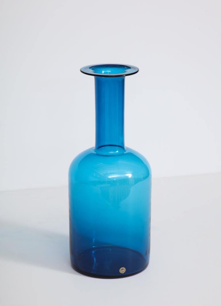 Midcentury Blue Glass Bottle by Holmegaard, Denmark at 1stDibs