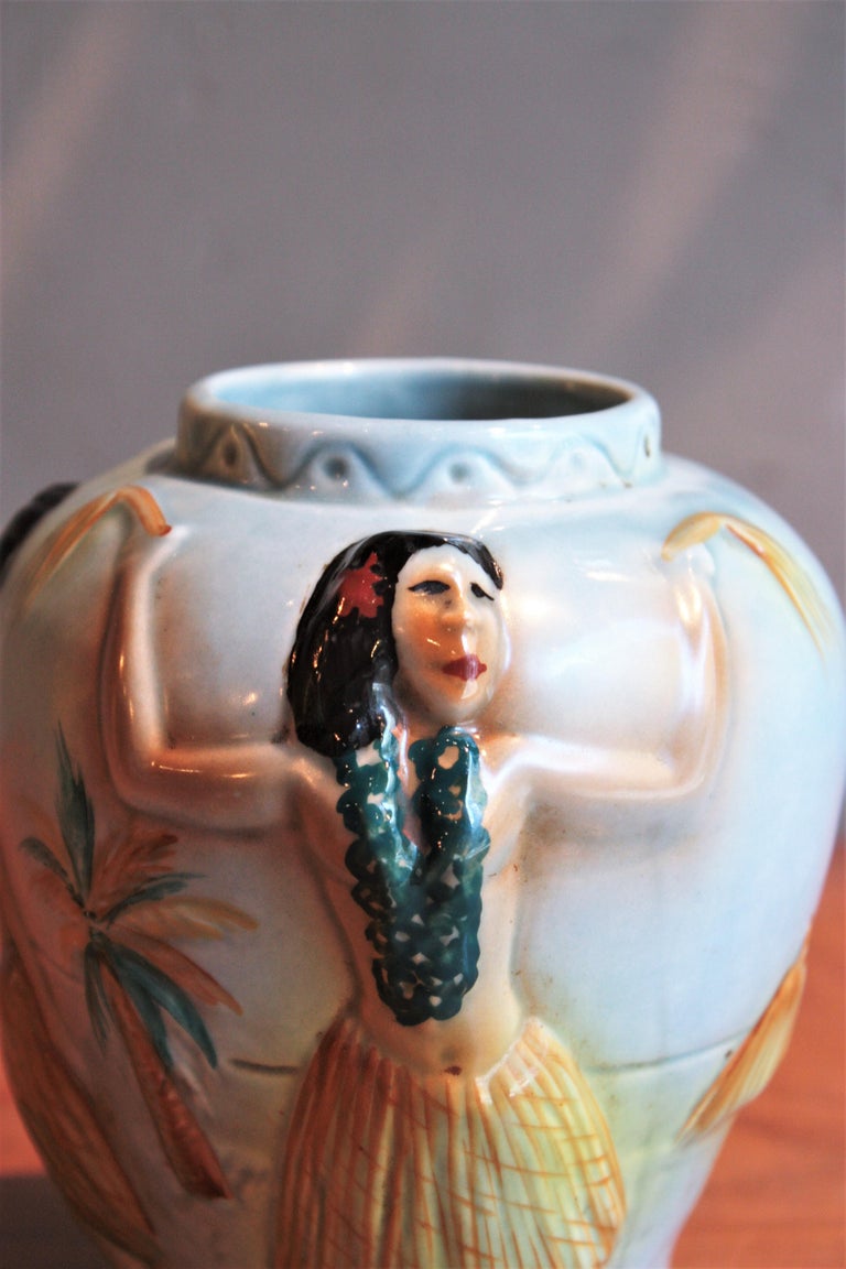 Midcentury Glazed Ceramic Vase with Hand-Painted Hula Dancers Motif For ...