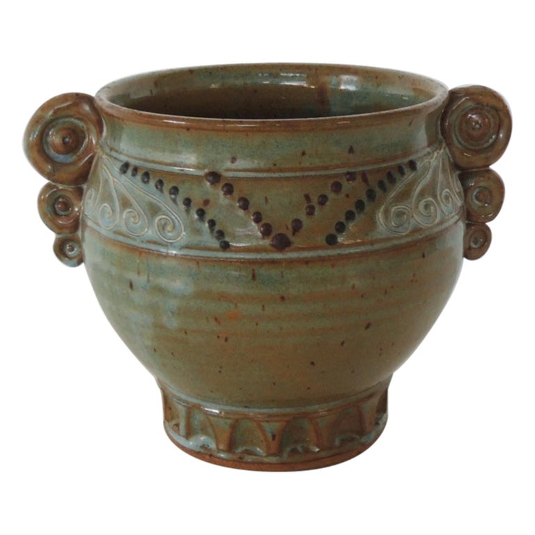 Midcentury Green and Blue Art Cachepot with Handles at 1stDibs