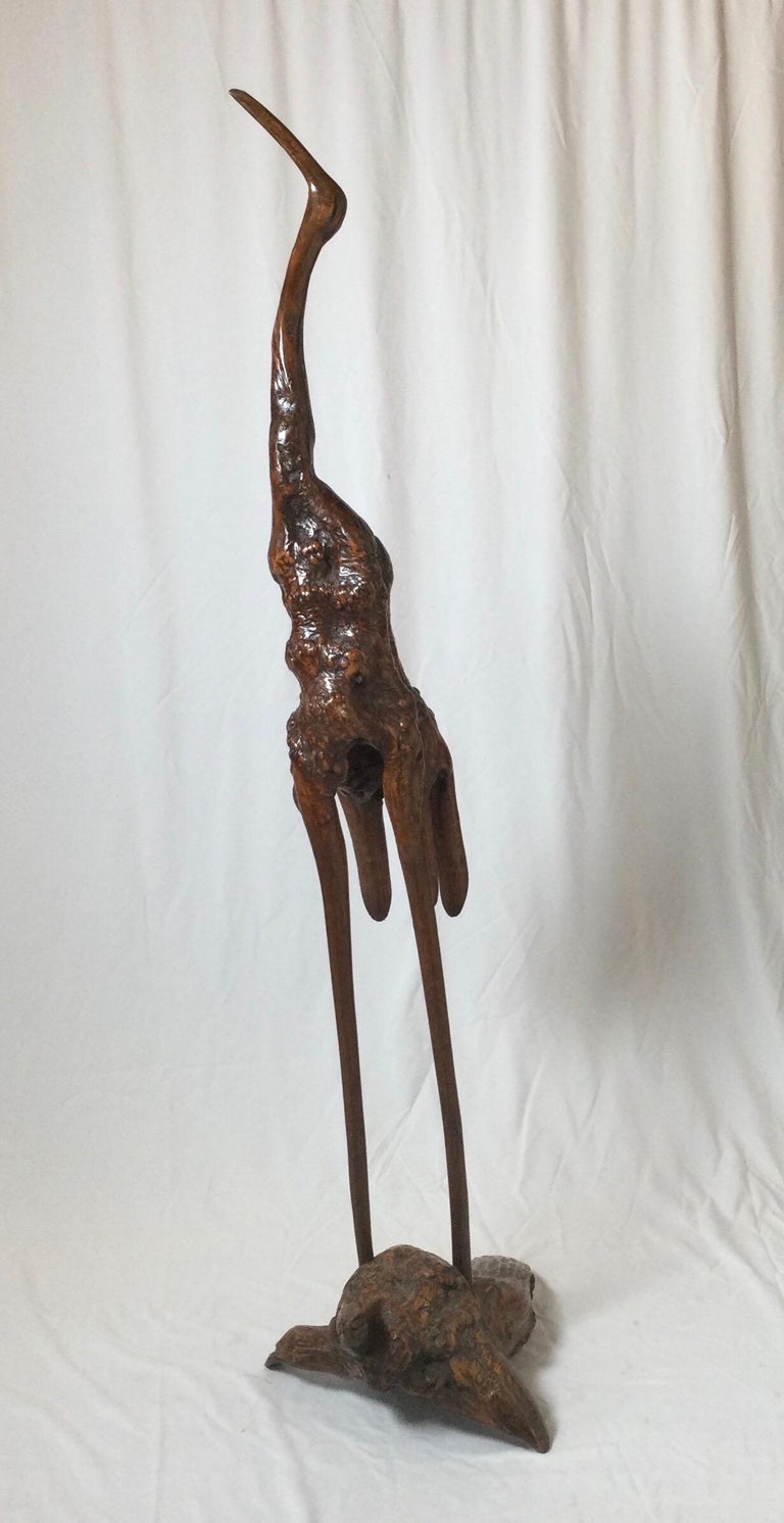 Mid-Century Hand Carved Asian Root Carving of a Crane on Turtle For ...