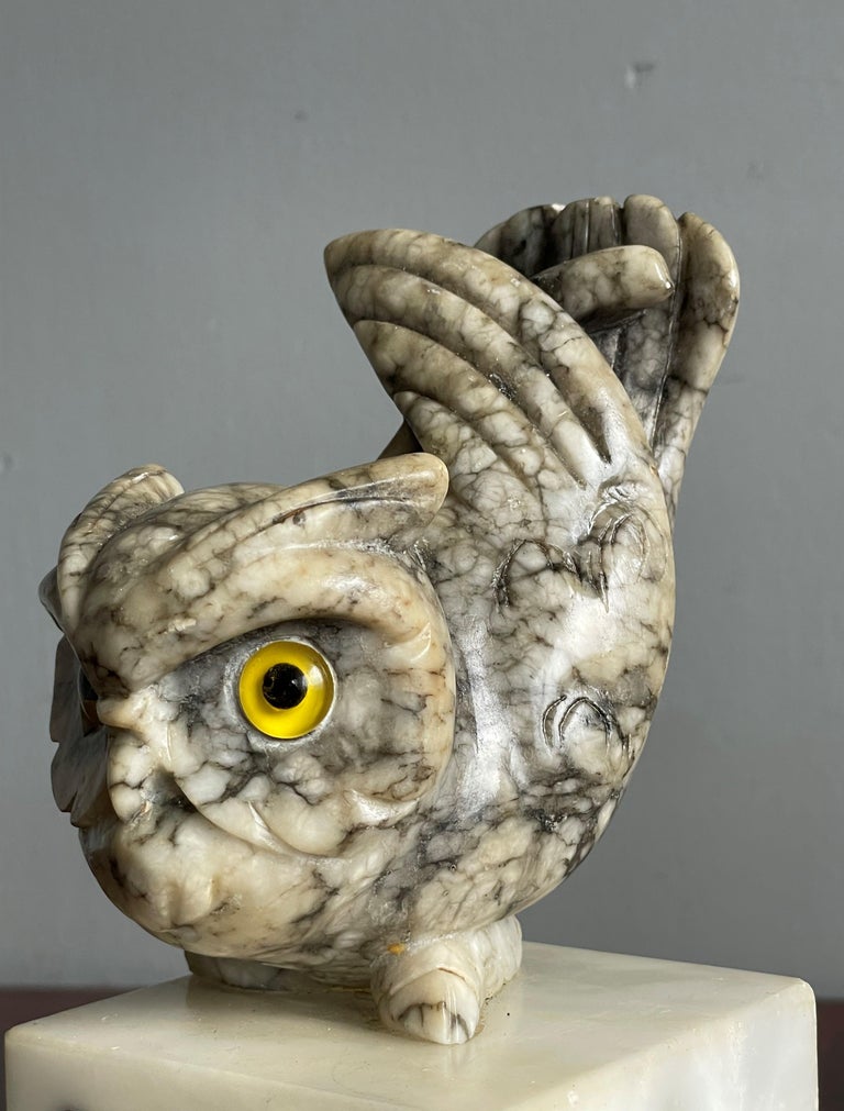 Mid-Century Hand Carved Marble Owl Sculptures with Alabaster Base ...