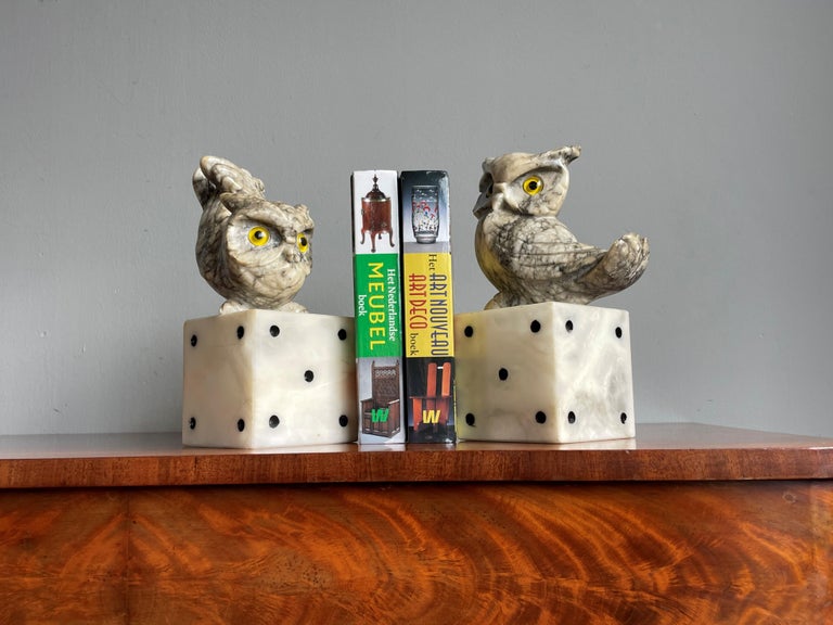 Mid-Century Hand Carved Marble Owl Sculptures with Alabaster Base ...