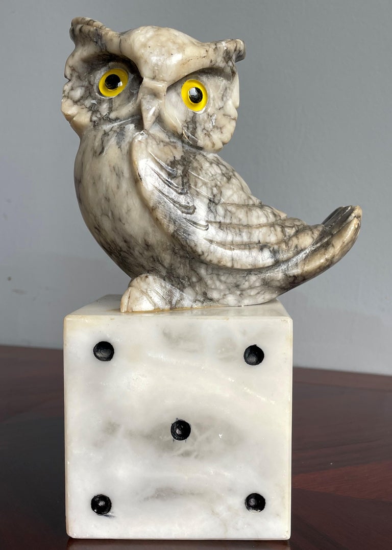 Mid-Century Hand Carved Marble Owl Sculptures with Alabaster Base ...