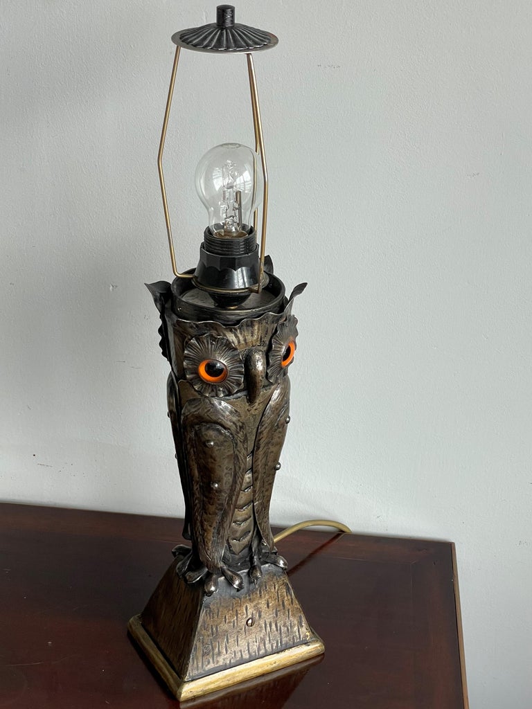 Mid-Century Handcrafted and Blackened Metal Owl with Glass Eyes Table ...