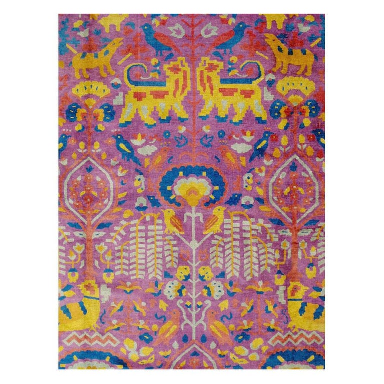 Midcentury Handmade Indian Whimsical Pictorial Large Room Size Rug For ...