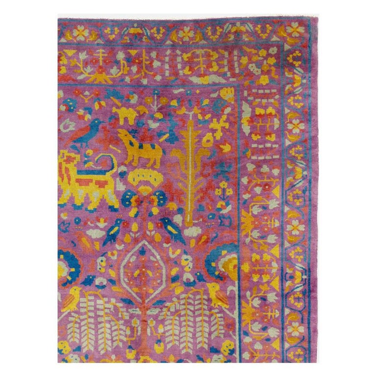 Midcentury Handmade Indian Whimsical Pictorial Large Room Size Rug For ...