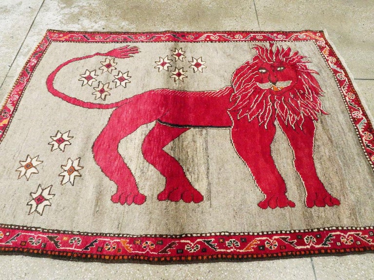 Vintage Handmade Persian Folk Pictorial Lion Accent Rug at 1stDibs ...