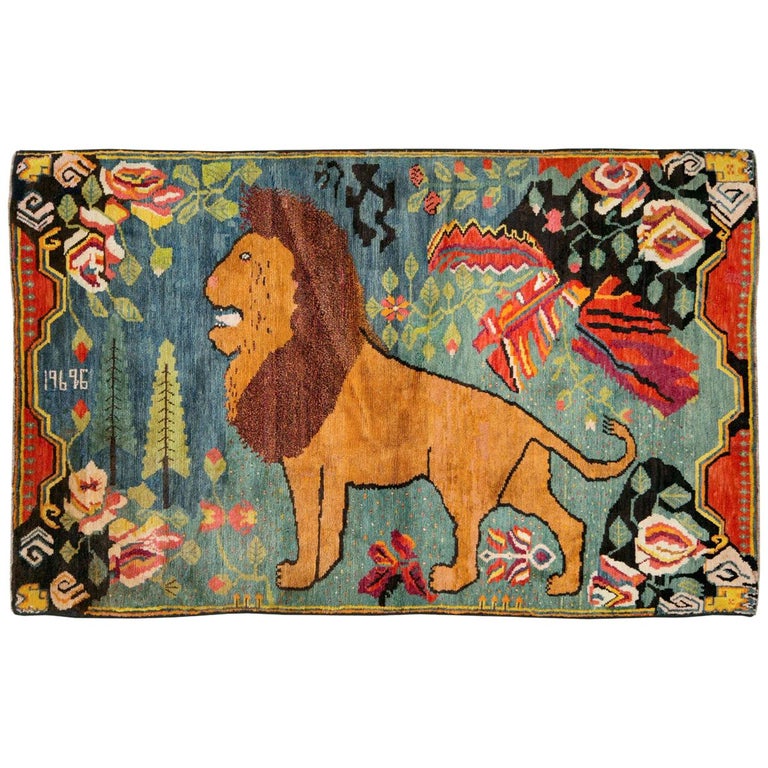 Midcentury Handmade Pictorial Lion Rug in Cerulean Blue and Seafoam ...