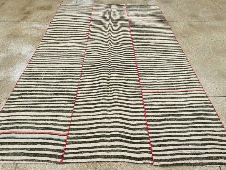 Midcentury Handmade Tribal Persian Zebra Striped Flat-Weave Accent Rug ...