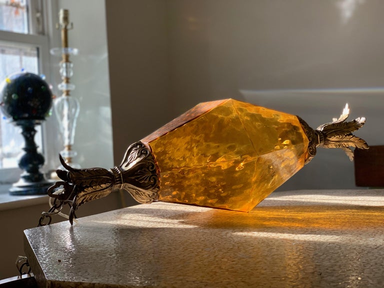 Midcentury Hollywood Regency Amber Leaded Glass Foliage Brass Lantern ...