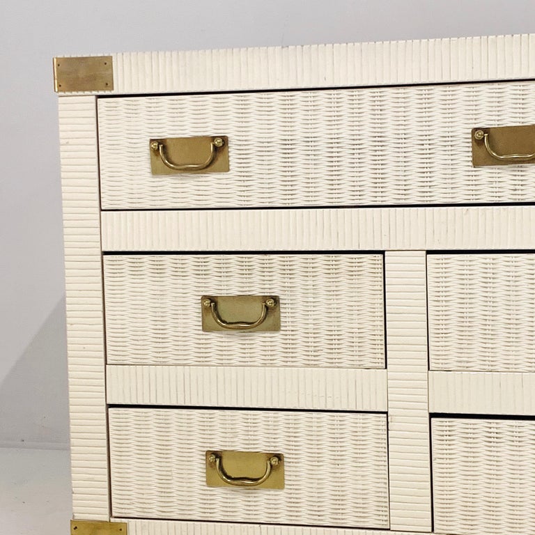 Midcentury Hollywood Regency Palm Beach White Wicker and Brass 8-Drawer ...