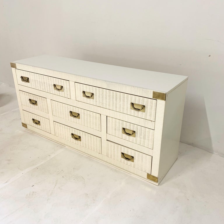 Midcentury Hollywood Regency Palm Beach White Wicker and Brass 8-Drawer ...