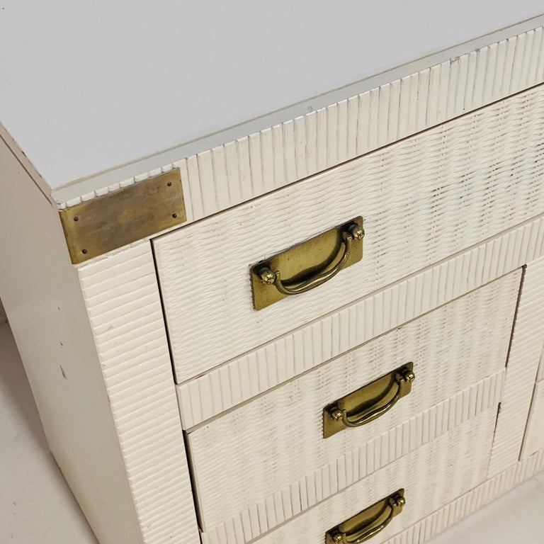 Midcentury Hollywood Regency Palm Beach White Wicker and Brass 8-Drawer ...