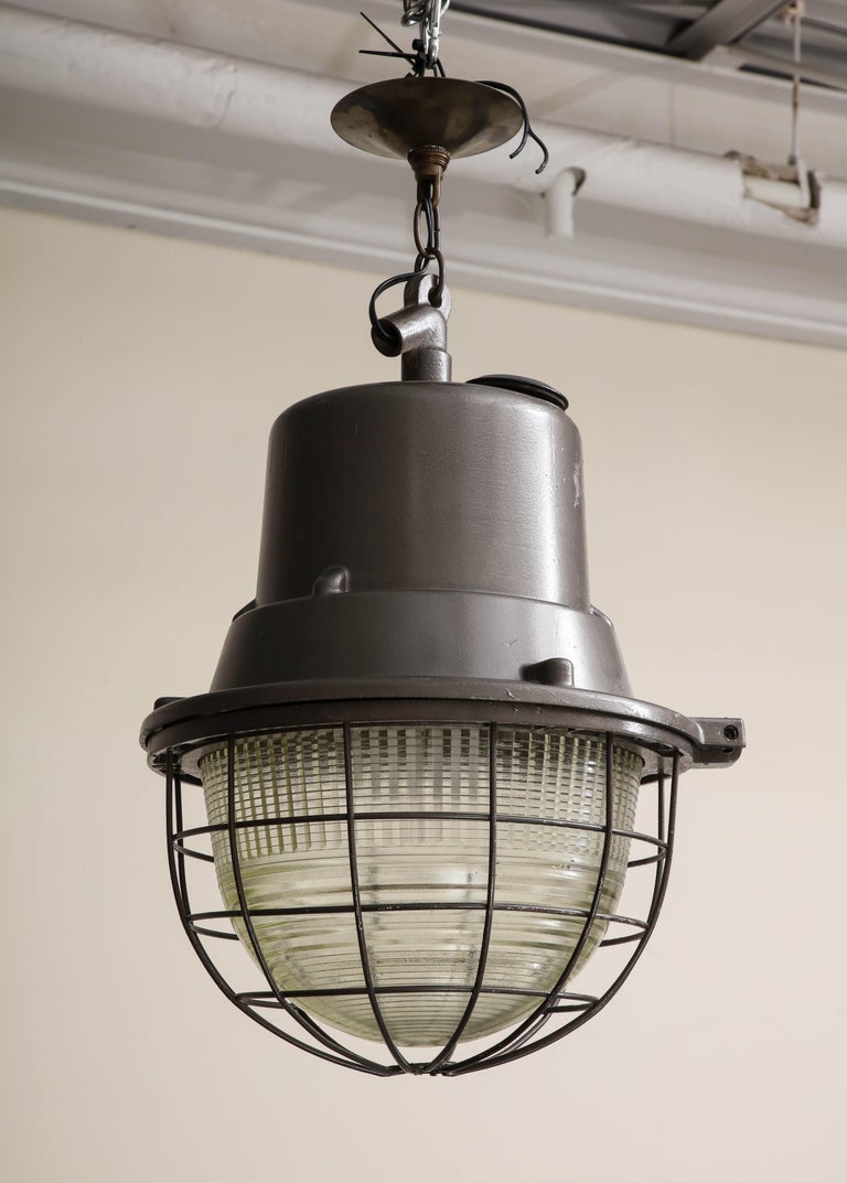 Industrial Pendant Light with Original Glass, c. 1940 For Sale at 1stDibs