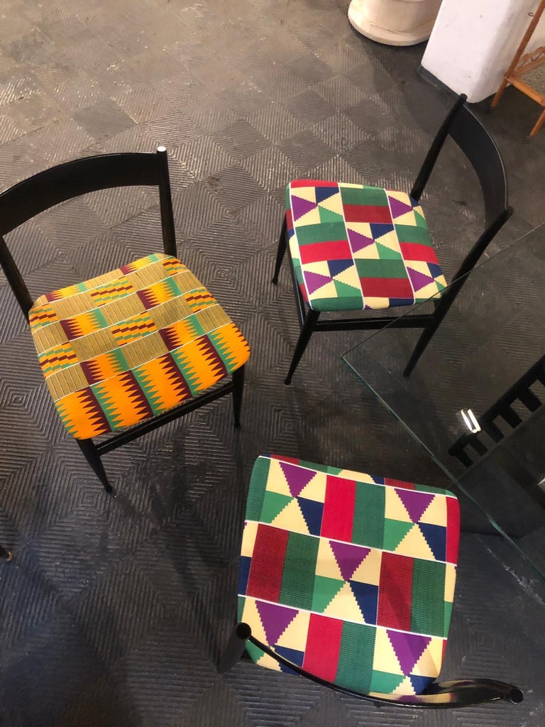Midcentury Italian African Black Lacquered Kitenge Multi-Color Chairs ...