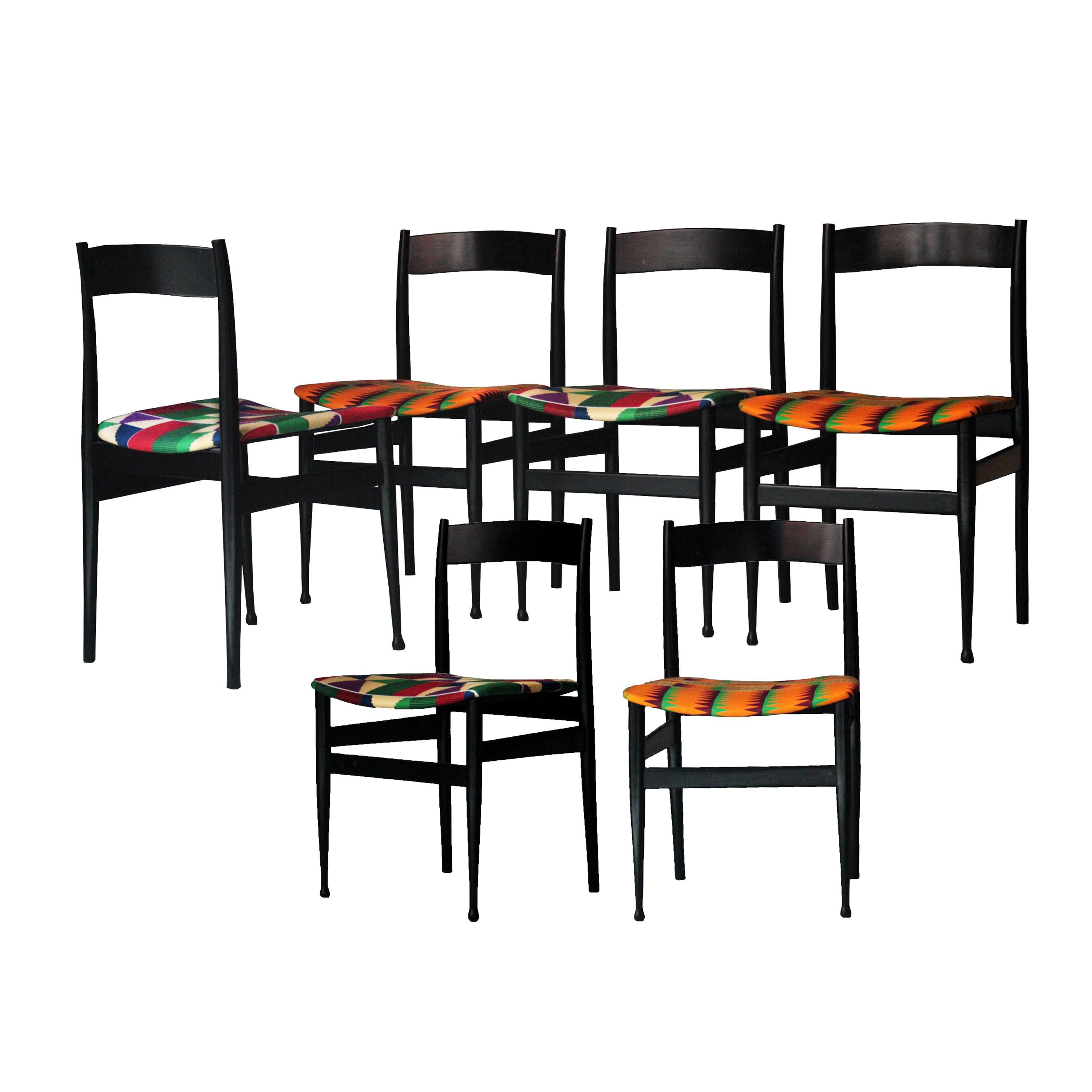 Midcentury Italian African Black Lacquered Kitenge Multi-Color Chairs ...