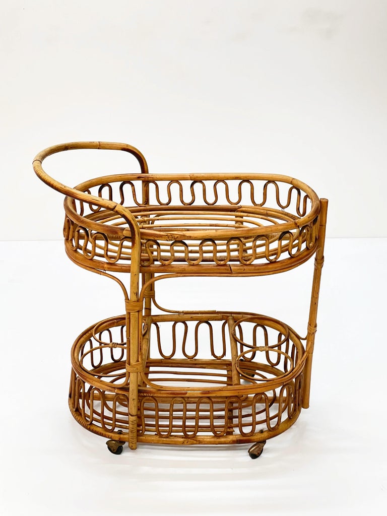 Midcentury Italian Bamboo and Rattan Oval Serving Side Bar Cart, 1960s ...