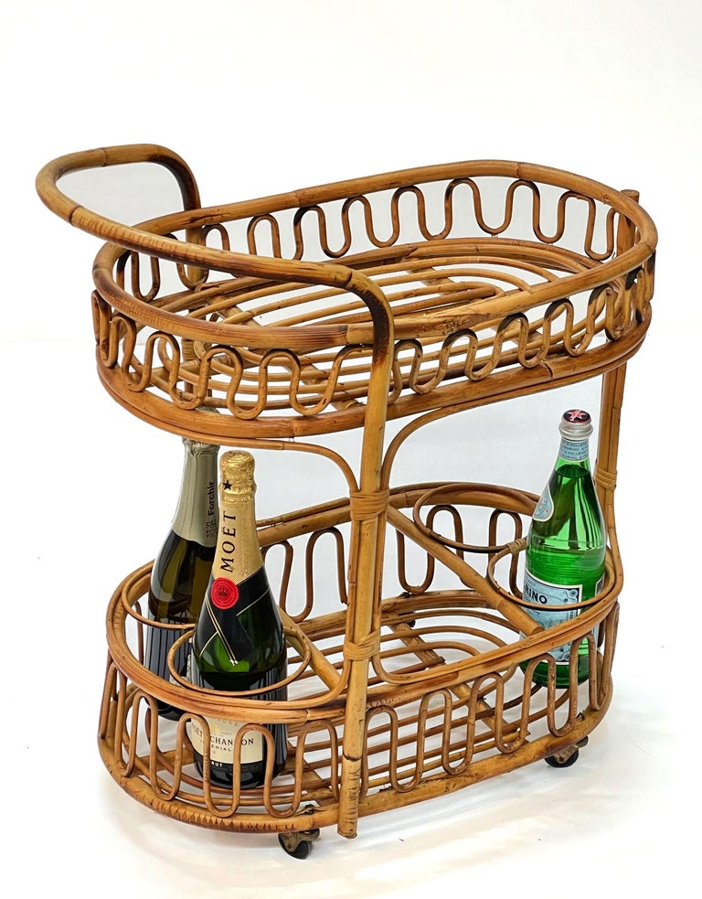 Midcentury Italian Bamboo and Rattan Oval Serving Side Bar Cart, 1960s ...