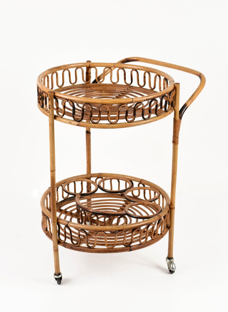 Midcentury Italian Bamboo and Rattan Round Serving Bar Cart Side Table ...