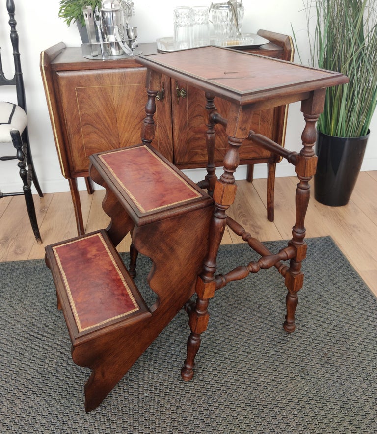 Midcentury Italian Carved Walnut Wood and Leather Foldable 3-Step ...