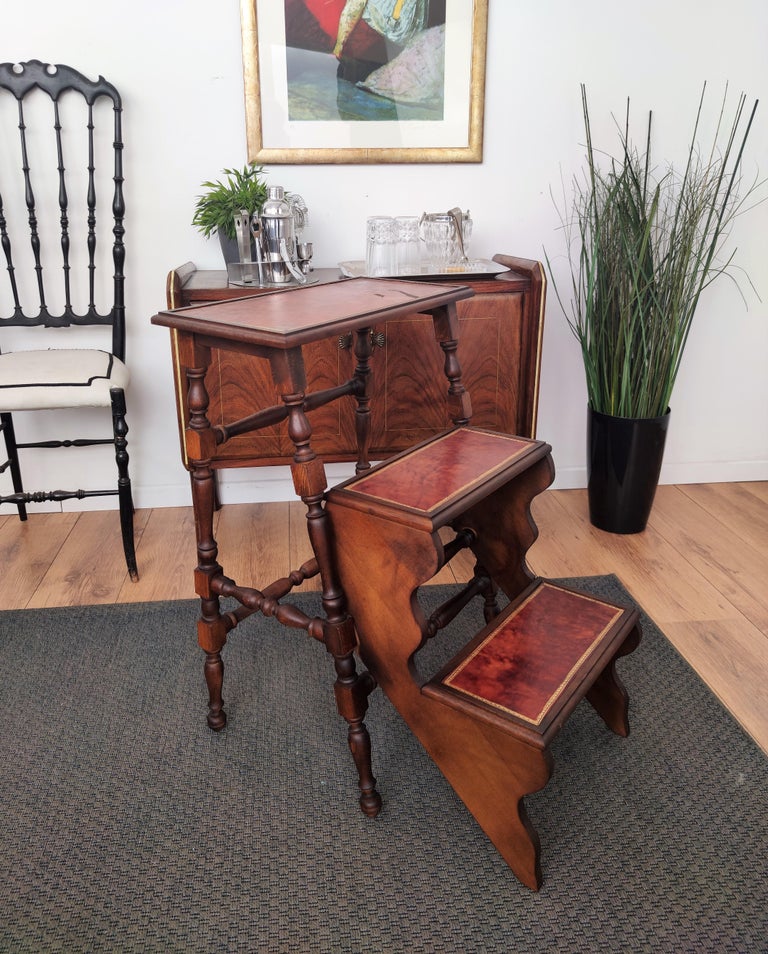 Midcentury Italian Carved Walnut Wood and Leather Foldable 3-Step ...