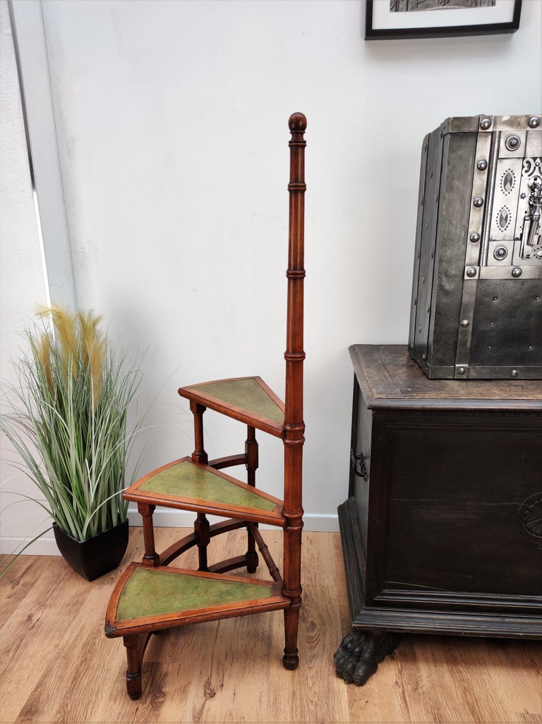Midcentury Italian Carved Walnut Wood and Leather Spiral 3-Step Library ...