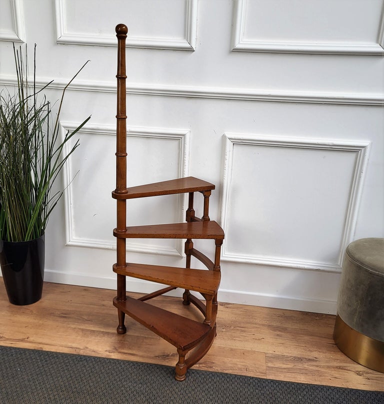 Midcentury Italian Carved Walnut Wood Spiral 4-Step Library Ladder For ...