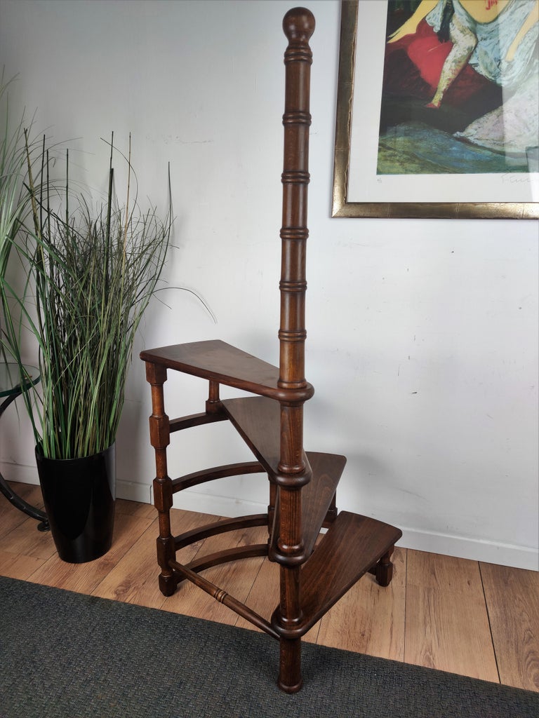Midcentury Italian Carved Walnut Wood Spiral 4-Step Library Ladder For ...