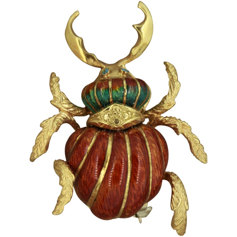 Midcentury Italian Enameled Gold Horned-Beetle Pin Brooch For Sale at ...