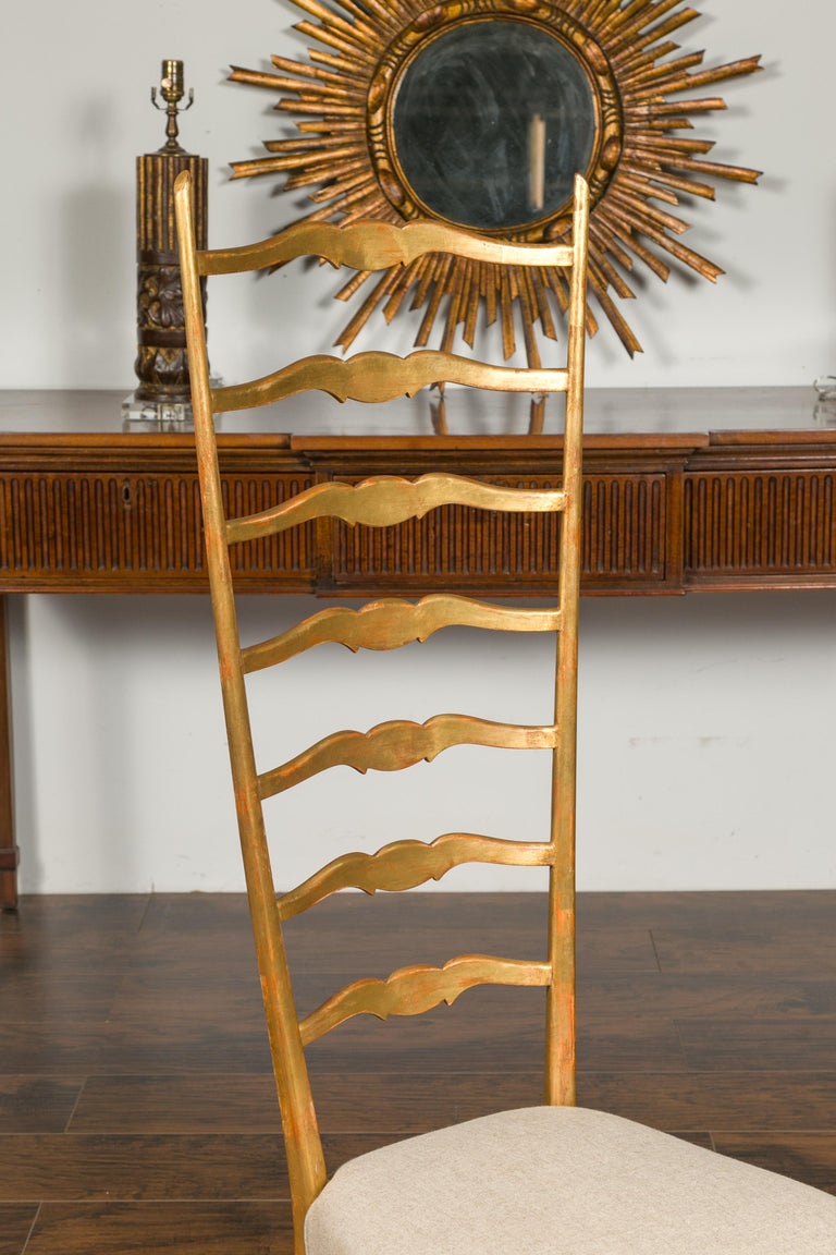 Midcentury Italian Giltwood High Ladder Back Chair with New Upholstery ...