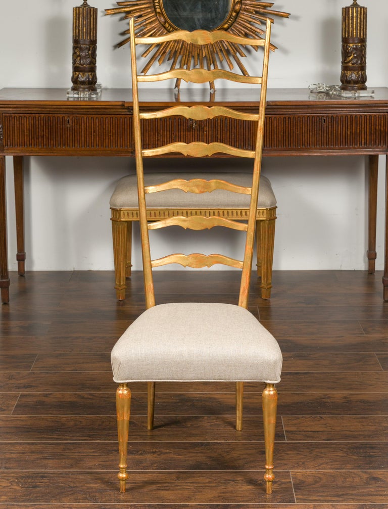 Midcentury Italian Giltwood High Ladder Back Chair with New Upholstery ...