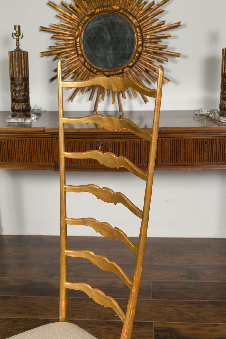 Midcentury Italian Giltwood High Ladder Back Chair with New Upholstery ...