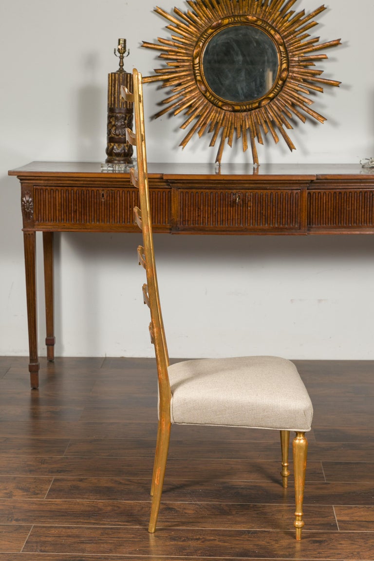 Midcentury Italian Giltwood High Ladder Back Chair with New Upholstery ...