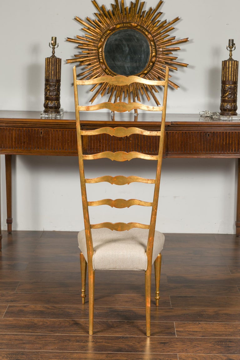 Midcentury Italian Giltwood High Ladder Back Chair with New Upholstery ...