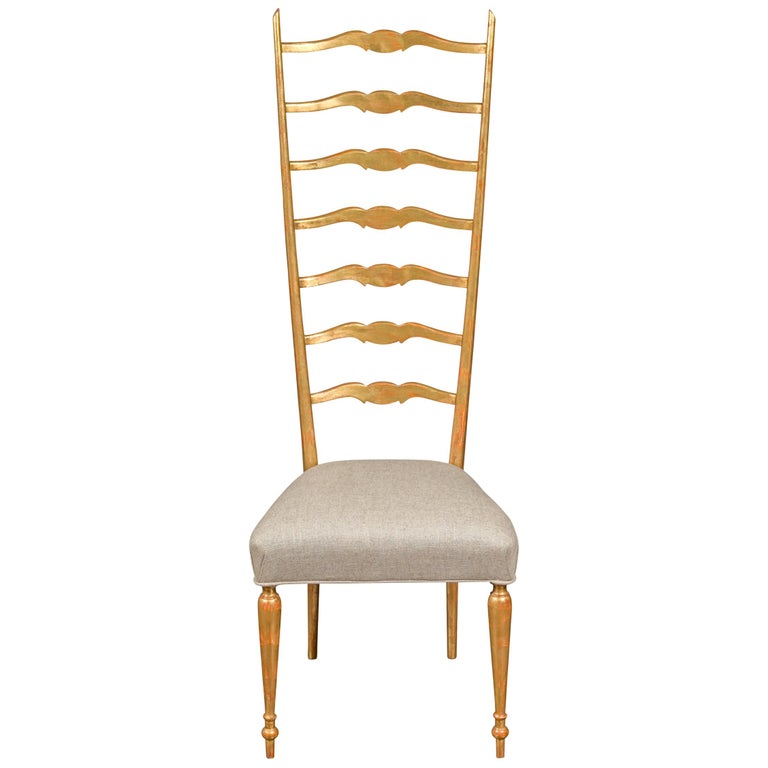 Midcentury Italian Giltwood High Ladder Back Chair with New Upholstery ...